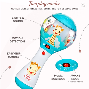 Sophie la girafe | Shake Shake Rattle | Fun & Easy to Grasp Rattle with a Motion Detector | 4 Different Musical Modes for Playtime & 6 Melodies to Soothe Baby to Sleep