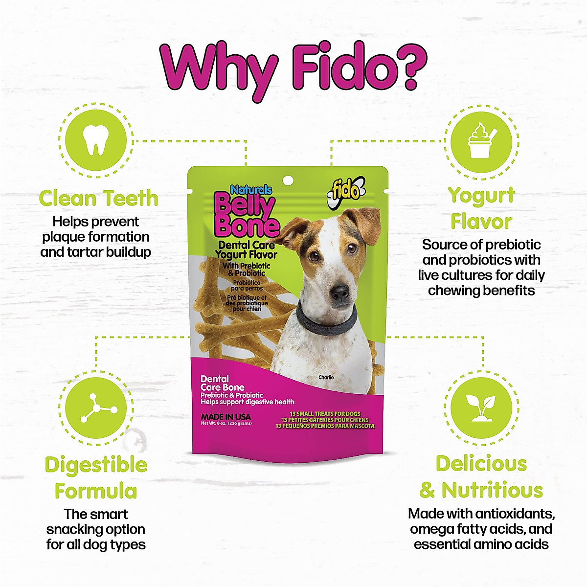 Fido Belly Bones for Dogs, 13 Yogurt Flavor Small Dog Dental Treats (Made in USA) - 13 Count Dog Treats for Small Dogs - Plaque and Tartar Control for Fresh Breath, Digestive Health Support
