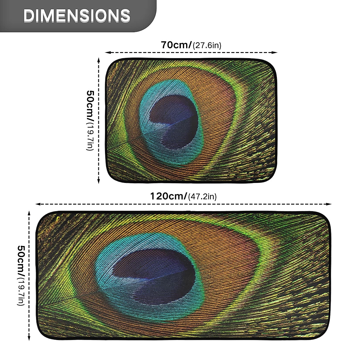 ALAZA Beautiful Peacock Feather 2 Piece Kitchen Rug Floor Mat Set Runner Rugs Non-Slip for Kitchen Laundry Office 20" x 28" + 20" x 48"