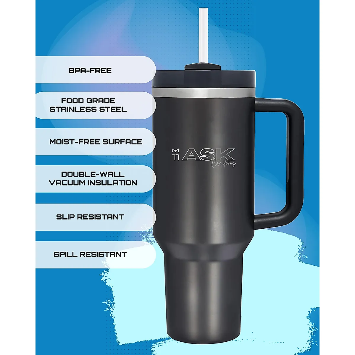 Ask HydroQuench 2.0 40oz /1183 ml Tumbler - Insulated Stainless Steel Travel Mug with reusable Straw, and Silicone Boot. (Black)
