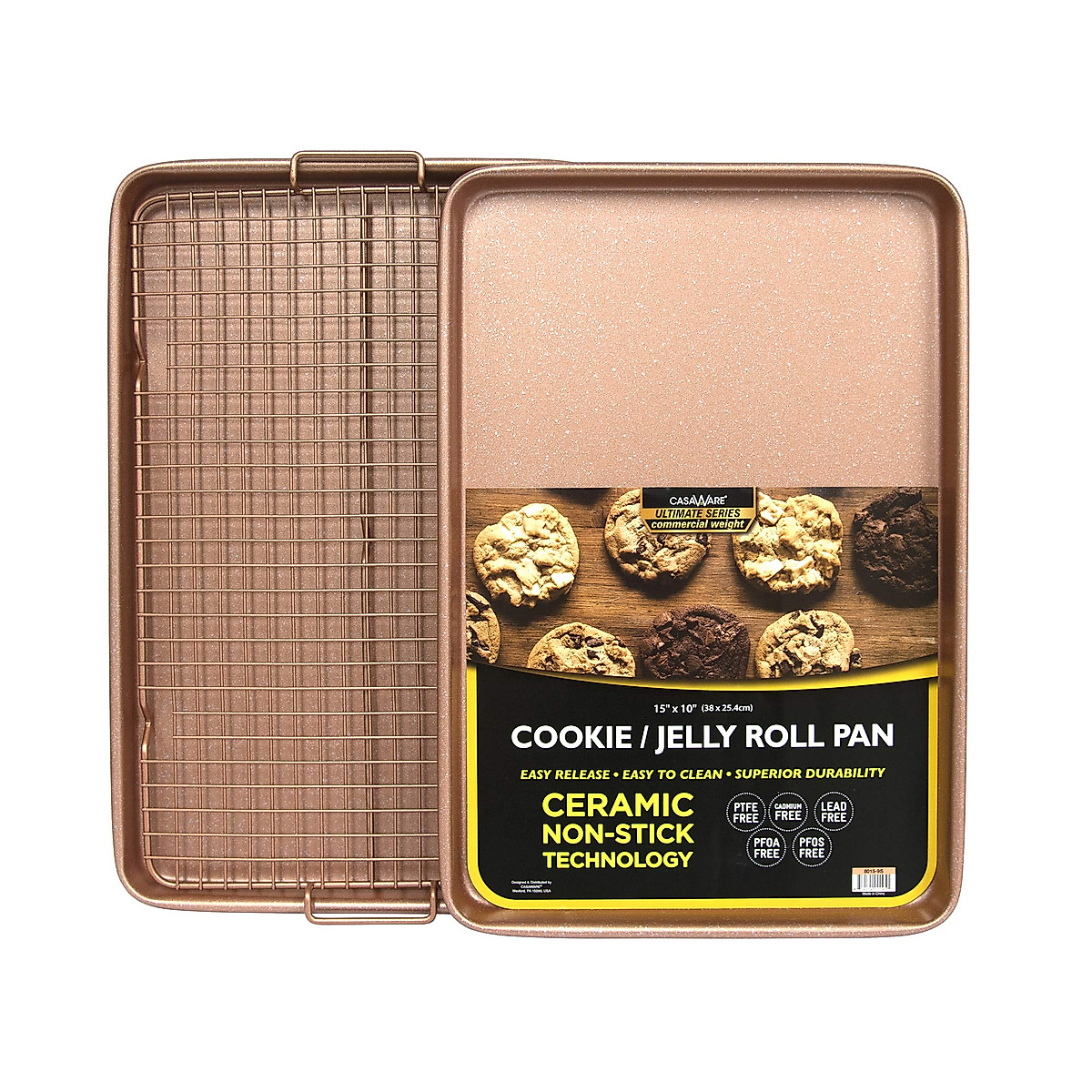 CasaWare 3pc Ultimate Commercial Weight 15 x 10 x 1-inch Cookie Sheet/Cooling Grid Set (Rose Gold Granite)