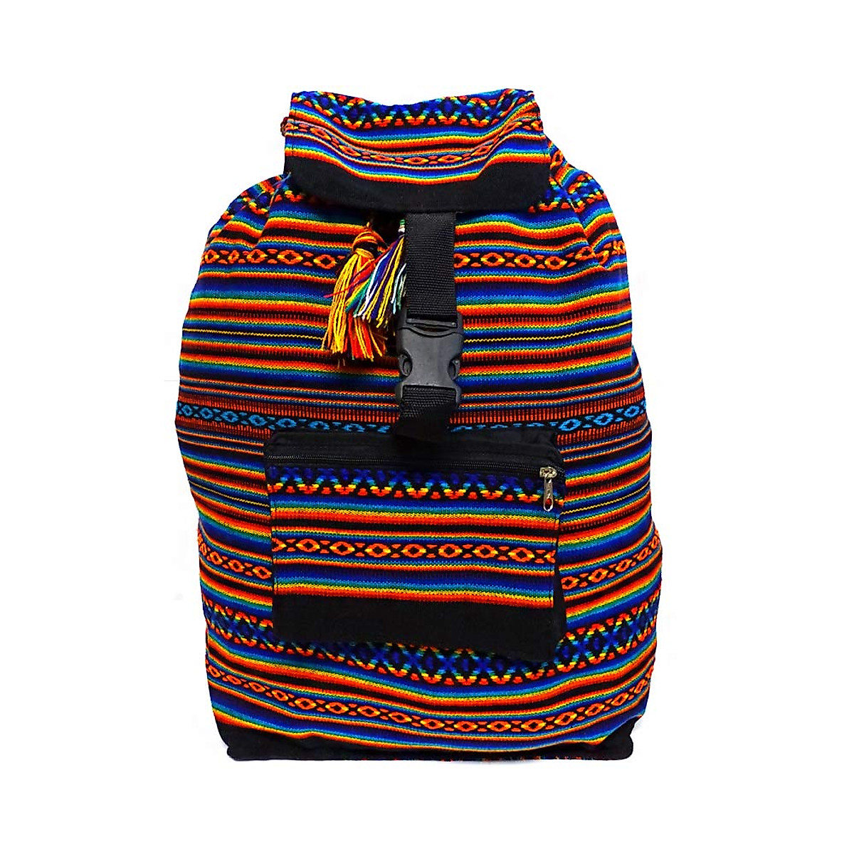 Mia Jewel Shop Large Rainbow Multicolored Peruvian Tribal Print Pattern Lightweight Drawstring Backpack Handmade Beach Bag Boho Accessories (Black Stripes)