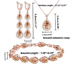 LMXXVJ Rose Gold Plated Necklace Long Earrings Bracelet Jewelry Set,Teardrop Champagne Cubic Zirconia Women's Jewelry Sets Prom Wedding Birthday/Anniversary Mother’s Day Jewelry Gifts