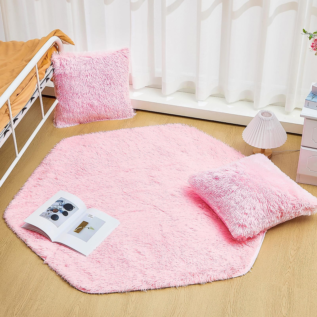 Buryeah 3 Pcs Princess Tent Supplies for Kids 1 Pcs Hexagon Rug for Princess Tent 2 Pack Throw Pillow Covers for Playhouse Princess Tent Kids Play Castle (Pink)