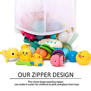 Ligereza Mesh Bath Toy Organizer, Various Hanging Ways, Large Capacity Large Opening, YKK Zipper, 4 Super Hooks, with Two Compartment Pockets, Baby Bathtub Toy Storage Bag (Large White)