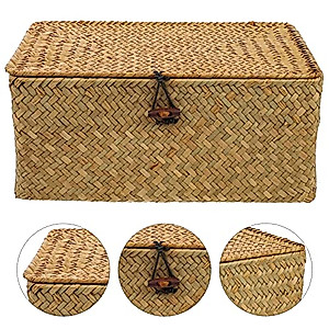 Woven Storage Basket Woven Wicker Storage Bins with Lid Seagrass Shelf Basket Rectangular Rattan Storage Basket Makeup Organizer Box for Toilet Paper Laundry Kids Snack Containers