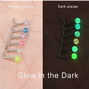 Cisyozi 18G Nose Rings Studs for Women Stainless Surgical Steel Stud Nose Ring Plastic Glow Dark Big Curved Nose Nostril Rings Bend L Shaped Pearl Nose Ring Piercing Jewelry Set Pack Men Diamond 3mm