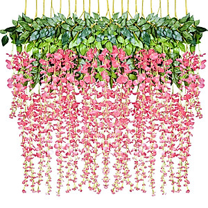 DearHouse 12 Pack 1 Piece 3.6 Feet Artificial Fake Wisteria Vine Ratta Hanging Garland Silk Flowers String Home Party Wedding Decor (Pink)