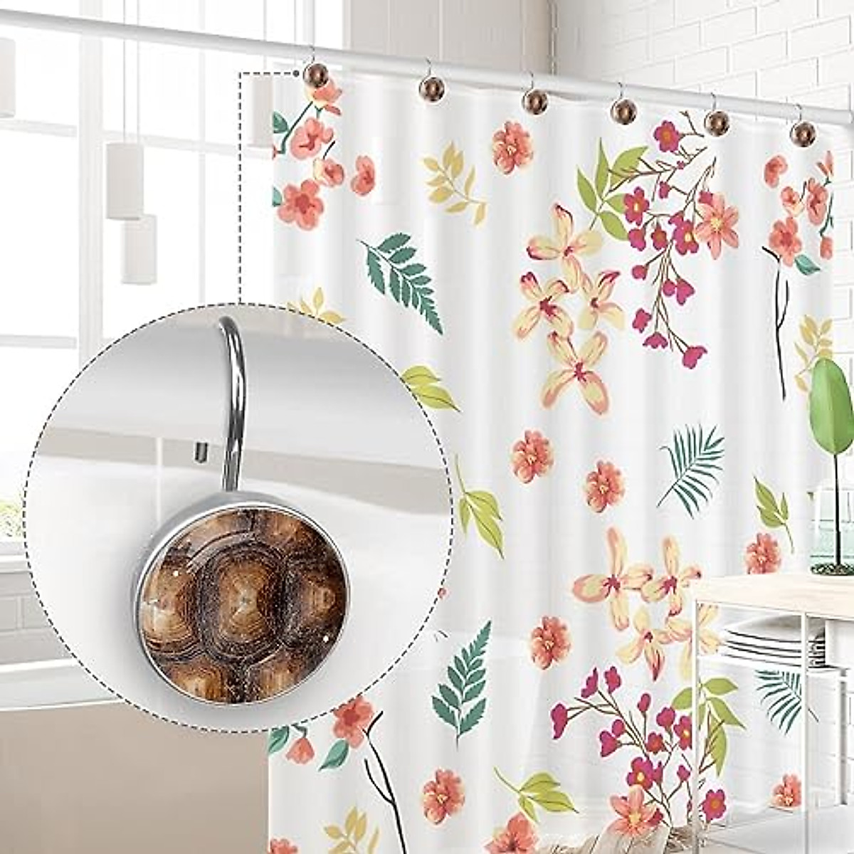 Texture of Turtle Carapace Shower Curtain Decorative Hooks Rings, Crystal GlassStainless Steel Round Shower Curtain Rings and Hooks for Bathroom Shower Rods Curtains 12 pcs