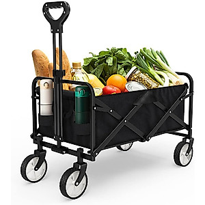 Folding Wagon, Collapsible Wagon Garden Cart Heavy Duty with Side Pocket and Terrain Wheels, Large Capacity Foldable Grocery Beach Wagon for Garden Sports Camping Shopping(1 Year Warranty)