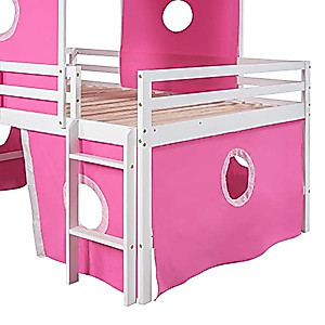 RORIGAT Castle Full Size Bunk Bed,Solid Wood Low Loft Bed Frame with Windows Slide, Tent and Tower,Bunk Bed for Kids Bedroom,Pink