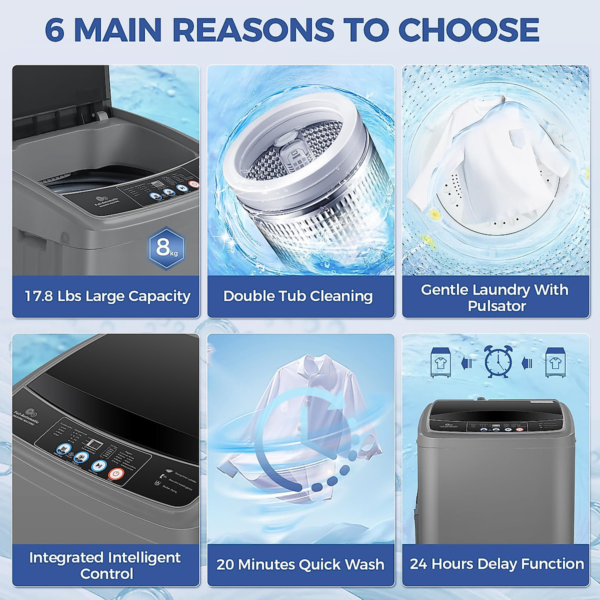 Nictemaw Portable Washing Machine 17.8Lbs Large Capacity Portable Washer Machine with 10 Programs and 8 Water Levels Selections, 2.4 Cu.ft Small Washing Machine for Apartment, Home, Dorms, Rv