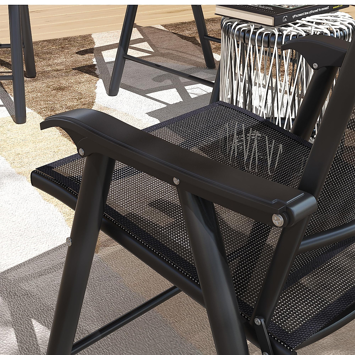 Outsunny Set of 4 Patio Folding Chairs, Stackable Outdoor Sling Patio Dining Chairs with Armrests for Lawn, Camping, Dining, Beach, Metal Frame, No Assembly, Black