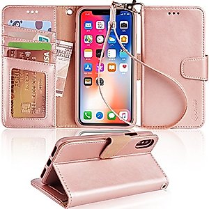 Arae Case for iPhone X/Xs, Premium PU Leather Wallet Case [Wrist Straps] Flip Folio [Kickstand Feature] with ID&Credit Card Pockets for iPhone X (2017) / Xs (2018) 5.8 inch Rose Gold