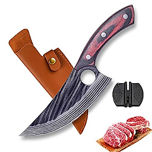 tatakook Butcher Knife for Meat Cutting,Hand Forged Viking Knife with Sheath,Caveman Knives Camping knife for Kitchen,Meat Cleaver Boning Knife (color 2)