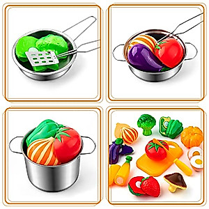 Tigerhu 26PCS Play Kitchen Accessories, Kitchen Pretend Play Cooking Toys w/ Stainless Steel Cookware, Apron & Chef Hat,Pots and Pans Set, Cutting Foods, Great Learning Gifts for Toddler & Boys Girls