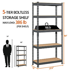 Topeakmart 5-Tier Utility Shelves, Metal Storage Shelves, Adjustable Shelving Units, Boltless Assembly, Garage Shelves Shed Shelving for Warehouse Garage Shed Basement- Dark Gray, 27.5 x 12x 60 Inch