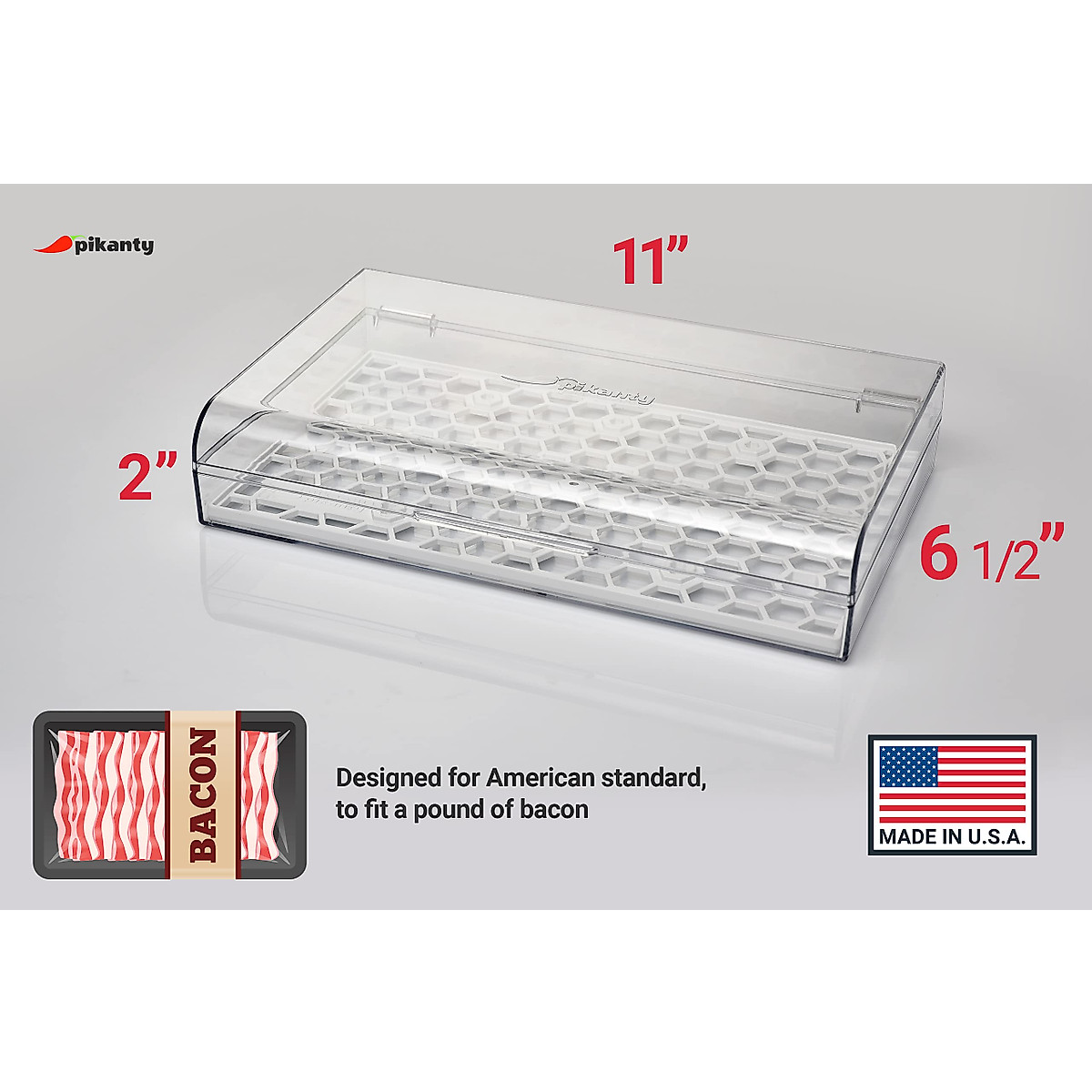 Pikanty - Bacon Container for Refrigerator | Fridge Storage and Deli Meat Keeper with Food Serving Tongs and Drain Plate | Dishwasher Safe | Made in USA