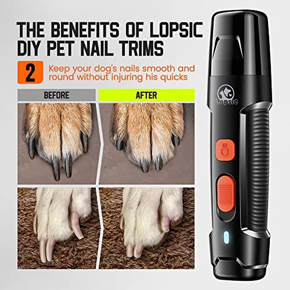 Dog Nail Grinder Upgraded Dog Nail Trimmers Clipper with 2 LED Light, 2 Speed Rechargeable Electric Pet Nail Grinder Quiet Low Noise for Small Medium Large Dogs and Cats