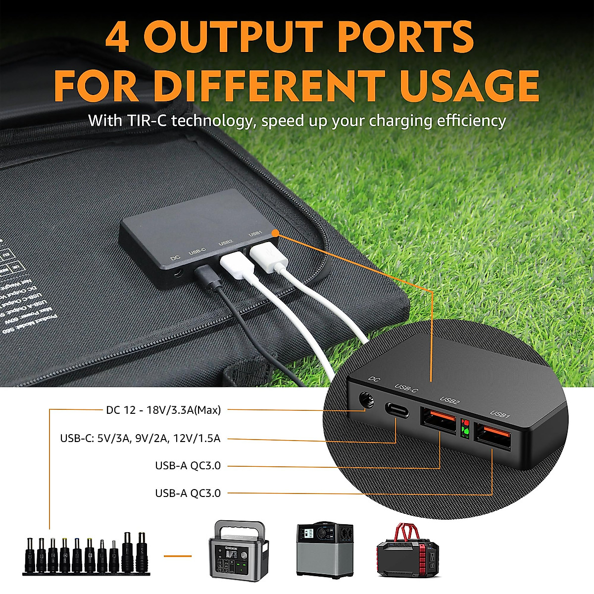 Foldable Solar Panel Charger 60W with 18V DC Output (11 Connectors) for 100W~350W Portable Power Stations Jackery/Rockpals/Flashfish/Enginstar, Portable Solar Generator for Outdoor Camping Van RV Trip