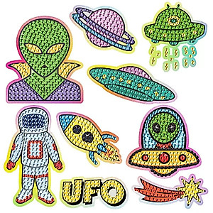 PICNICFUN Diamond Painting Kits Stickers for Kids,28 PCS 5D DIY Alien and UFO Handmade Digital Paint Rhinestone Mosaic Sticker Making for Kids Gift,Children Art Craft (Alien and UFO)