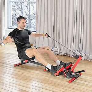 Goplus 4 in 1 Folding Rowing Machine, AB Crunch Workout Machine w/3-Level Angle & Adjustable Tension, Control Panel, Multi-function Rower AB Fitness Equipment for Home & Gym Use