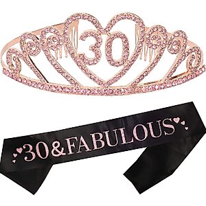 MEANT2TOBE 30th Birthday Sash and Tiara for Women - Fabulous Glitter Sash + Gravity Rhinestone Pink Premium Metal Tiara for Her, 30th Birthday Gifts for 30 Party