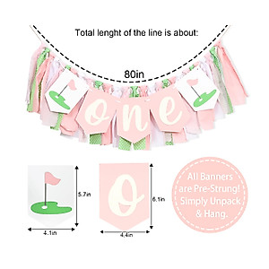 Golf 1st Birthday Decorations For Girls - Hole In One High Chair Banner,Sports Themed First Birthday Photo Props,Golf Pink Green Ribbon One Banner,Baby Girl Smash Cake Backdrop Highchair Banner