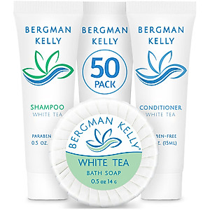 BERGMAN KELLY Round Hotel Soap Bars, Shampoo & Conditioner 3-Piece Set (0.5 oz each, 150 pc, White Tea), Delight Your Guests with Revitalizing & Refreshing Mini Travel Toiletries & Bulk Amenities