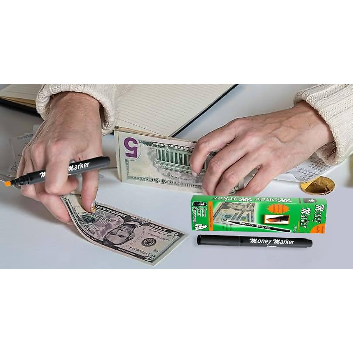 Money Marker (5 Counterfeit Pens) - Counterfeit Bill Detector Pen with Upgraded Chisel Tip - Detect Fake Counterfit Bills, Universal False Currency Pen Detector Pack