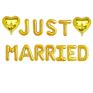 KUNGOON Just Married Balloon Banner, 16 inch Quality Wedding/Bachelorette/Bridal Shower/Wedding Engagement Party Decors Supplies. (GOLD KIT)