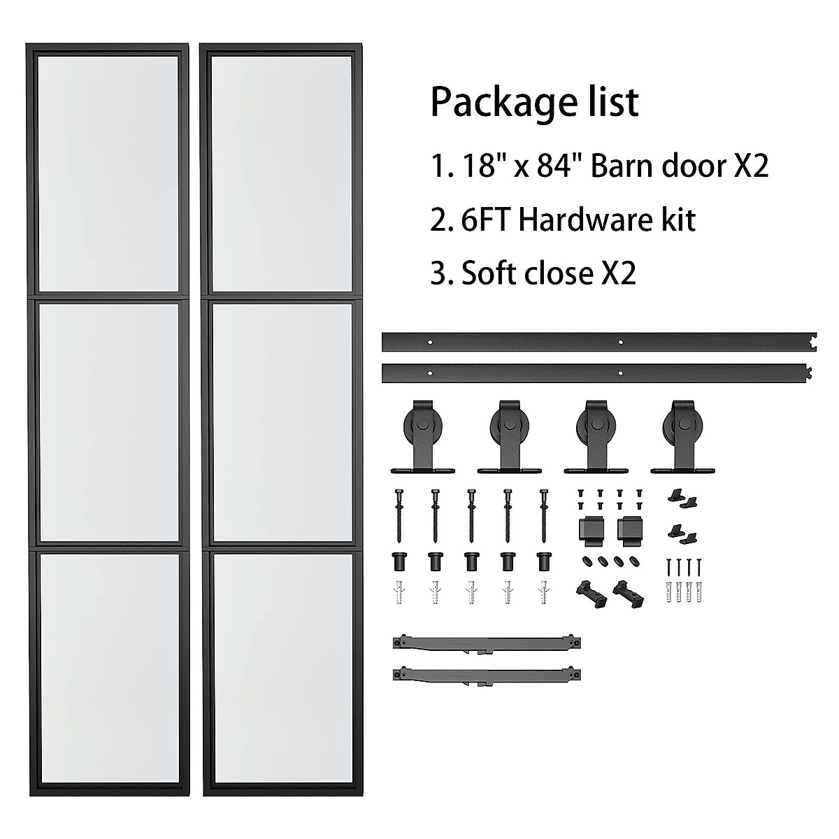 JUBEST 36 x 84 Inch Double Barn Door with 6FT Hardware Kit and Soft Close Mechanism Include, 2 Sets of 18in x 84in 3-Paneled Frosted Glass with Carbon Steel Frame Barn Door, Easy to Install