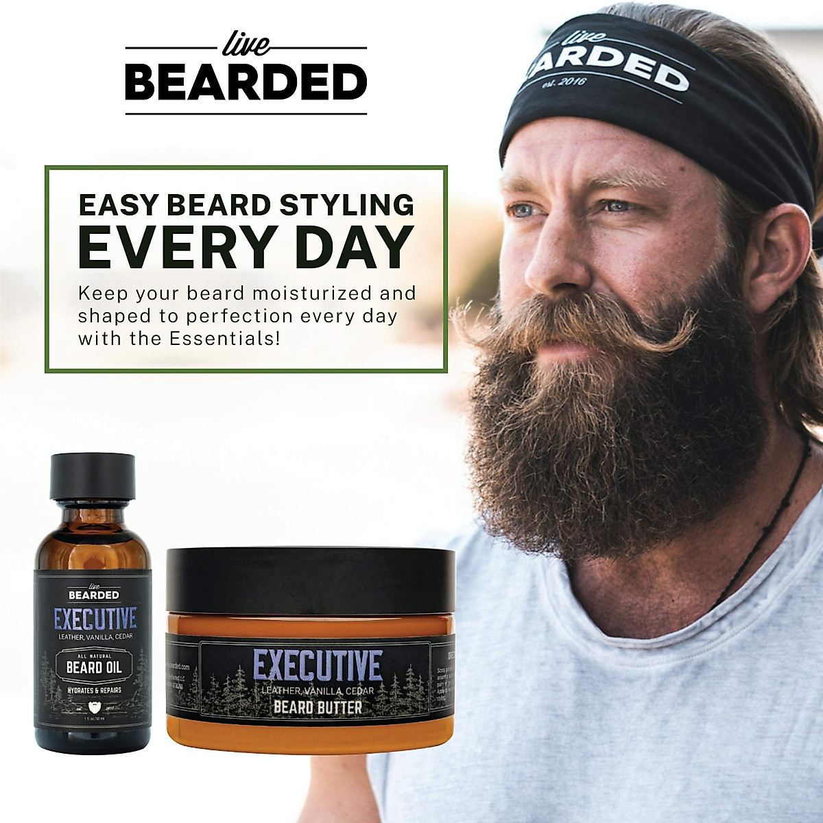 Live Bearded: Beard Oil and Beard Butter Grooming Kit - American - All-Natural Ingredients with Shea Butter, Argan Oil, Jojoba Oil and More - Beard Growth Support - Made in The USA