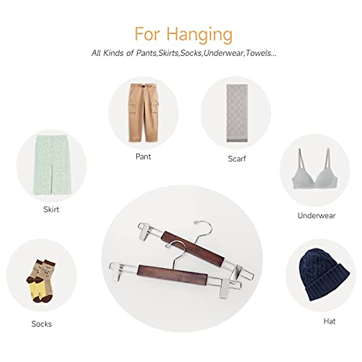 Nature Smile Solid Wooden Skirt Pants Hangers 20 Pack,Premium Wood Bottom Shorts Hangers for Slacks Trousers with Larger Adjustable Anti-Rust Clips (Retro)