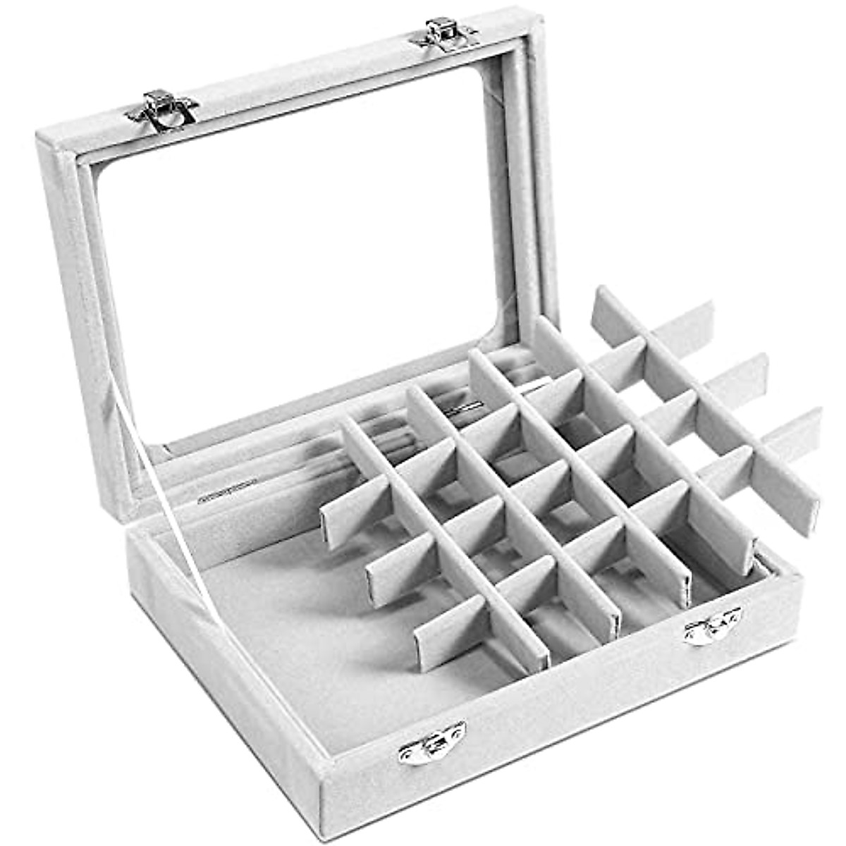 CBCYBER Jewelry Box 24 Grid Velvet Jewelry Tray for Drawers Glass Clear Lid Showcase Display Storage Ring Trays Holder Earrings Organizer Case(Grey)