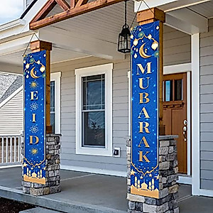 Eid Mubarak Porch Sign Banner Ramadan Mubarak Hanging Decoration, Eid Mubarak Banner Front Door Hanging Sign Indoor/Outdoor Decorations