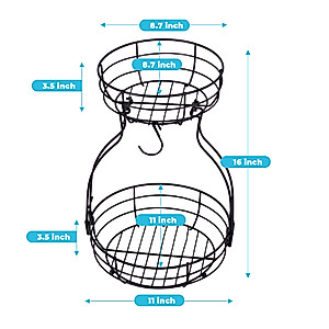 WELLCASA 2-Tier Metal Countertop Fruit Vegetables Basket, Bread Wire Basket, Fruit Storage with Banana Hanger, Black
