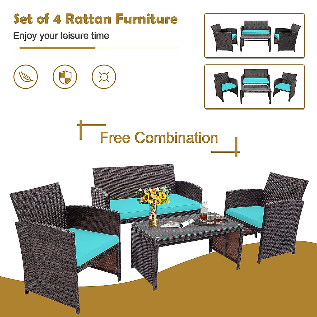 DORTALA 4 Pieces Wicker Patio Furniture Set, Outdoor PE Rattan Conversation Set with Chairs, Loveseat, Coffee Table, Cushions for Poolside, Turquoise