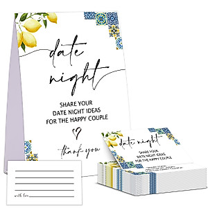 Blue Tiles and Lemons Date Night Game, Date Night Ideas Sign with 50 Cards, Bridal Shower Game, Modern Bridal Shower Decorations, Wedding Date Night Advice - 02