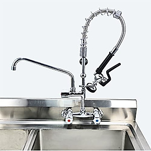 MS 4-8 Inch Adjustable Center Wall Mount 25'' Height Commercial Kitchen Sink Faucet Brass Mini Pre Rinse Unit with Spray Valve and 12 inch Add on Spout (6814P)