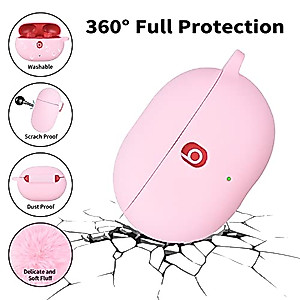 Pink Case for Women Cute Designed for Beats Studio Buds Case Cover with Pom pom, Silicone Protective Keychain Cover Compatible with Beats Studio Buds 2021, Accessories Keychain and Pom pom