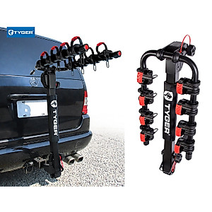 Tyger Auto TG-RK4B102B Deluxe 4-bike Carrier Rack Compatible with both 1-1/4'' and 2'' Hitch Receiver | with Hitch Pin Lock & Cable Lock | Soft Cushion Protector