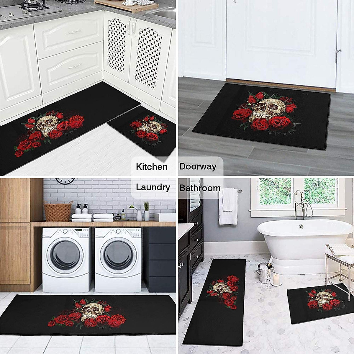 Fuoxowk Skull Roses Kitchen Mat Set, Halloween Decor Goth Kitchen Runner Rugs with Rubber Backing, Throw Rugs Washable for Kitchen Sink, Laundry Room, Standing Desk, Entry, Cool Black Area Rug
