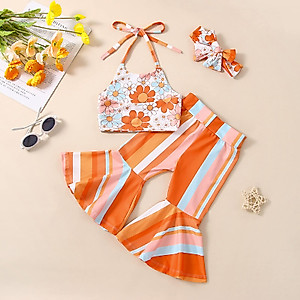 Ursobutegl Toddler Baby Girl Boho Outfits Floral Sleeveless Halter Crop Top Bell Bottom Pants Summer Clothes Set (Colorful, 12-18 Months)