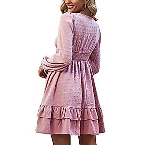 Rooscier Women's Wrap V Neck Swing Ruffle Swiss Dots Long Sleeve Mini Dress Solid Pink Medium
