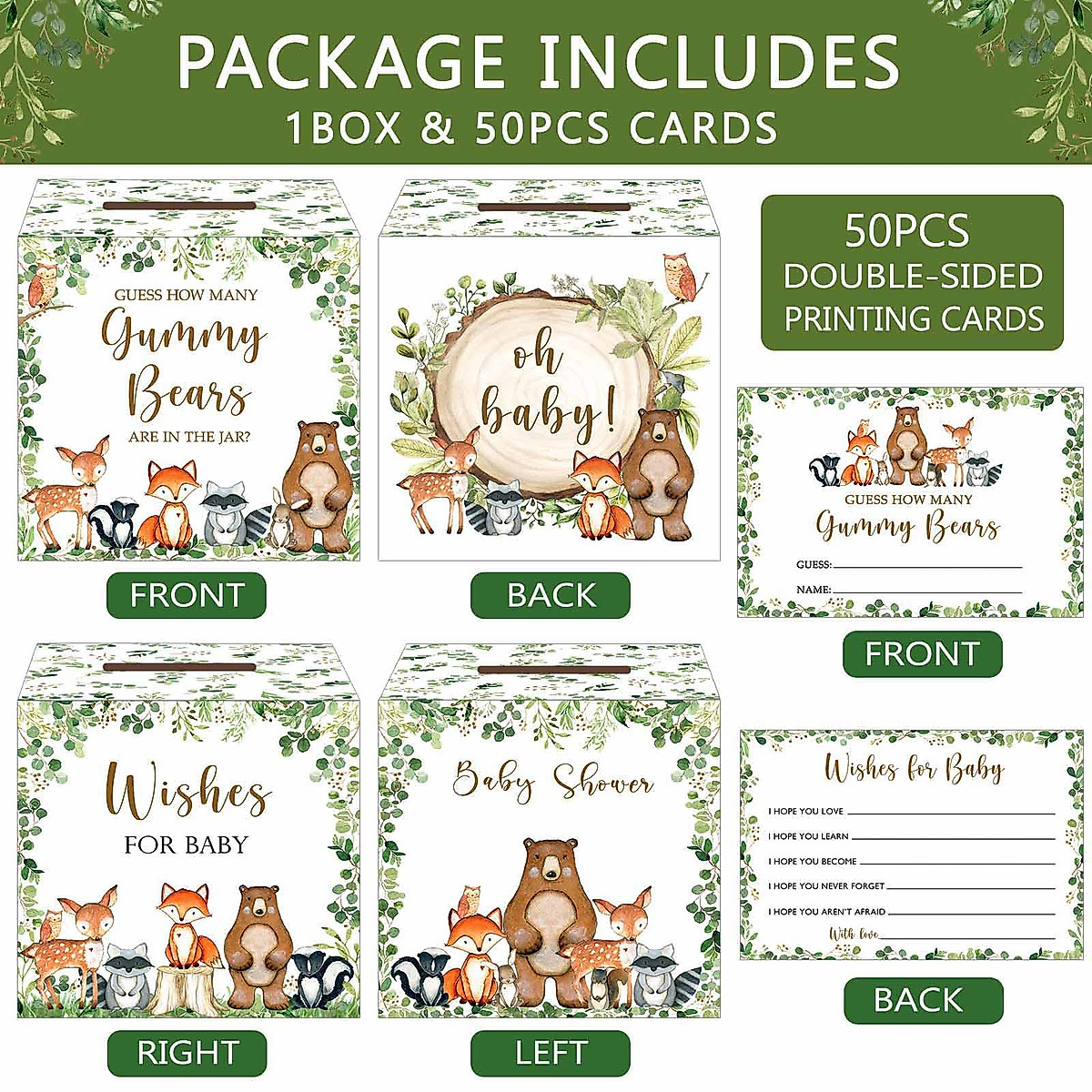 Yuzioey Woodland Guess How Many Gummy Bears Guessing Game, Woodland Forest Baby Shower Guessing Game Box and Wishes for Baby Cards, Woodland Gender Neutral Baby Shower