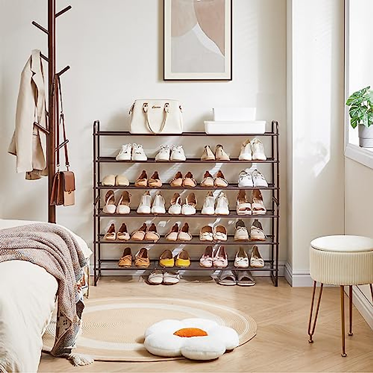 YMYNY Freestanding Shoe Racks, 3 Tiers Stackable & Adjustable Shoe Storage Shelf, Extra Large Capacity Shoe Organizer Stand for 20-24 Pairs, for Entryway, Closet, Bedroom, Brown, 42.9" L, UHXJ302BR