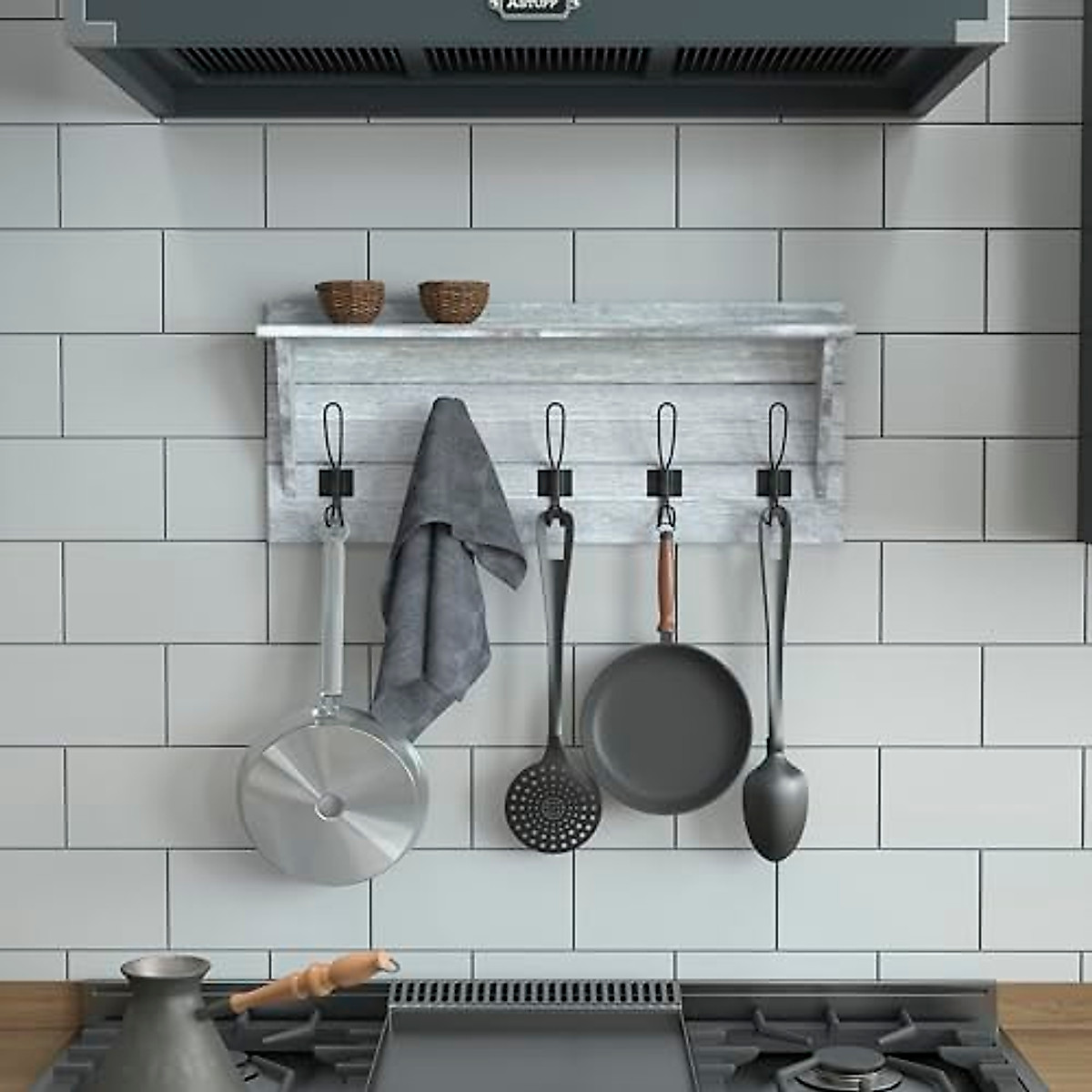 Flash Furniture Daly Wall Mounted Storage Rack - Whitewashed Solid Pine Wood - 24 Inch - Upper Shelf and 5 Hooks - For Entryway, Kitchen, Bathroom