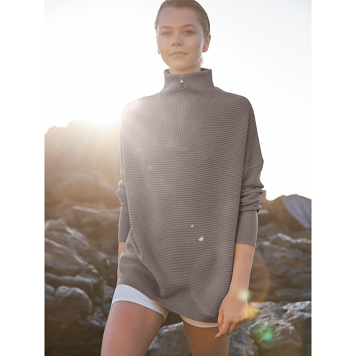 ANRABESS Women Quarter Zip Oversized Casual Loose Rib Knit Cozy Pullover Sweaters Top 2025 Fall Fashion Outfits Clothes Gray Coffee Medium