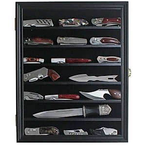 DisplayGifts Knife Display Case Pocket Knife Display Case for Wall Stand Military Folding Knife Shadow Box Knife Enthusiast Collectibles with 98% UV Protection Lockable Black Finish
